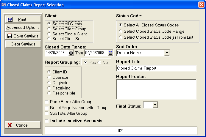 Closed Claims Report Selection Criteria
