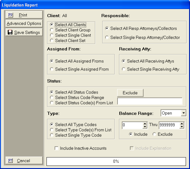 Liquidation Summary Report Selection Criteria